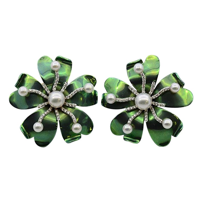 Blue Titanium Flower Earrings with Diamonds and Pearls For Sale at 1stDibs