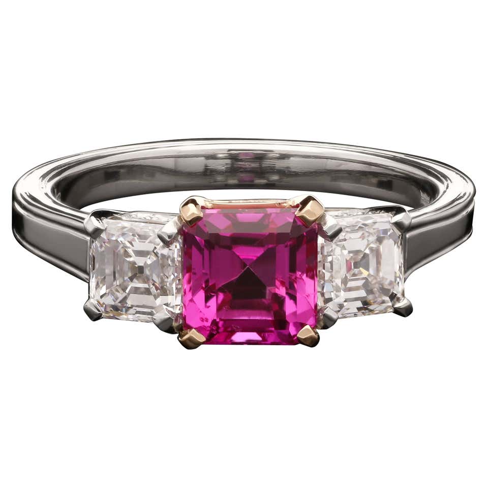 3 94ct Asscher Cut Sapphire And Diamond Three Stone Ring At 1stdibs