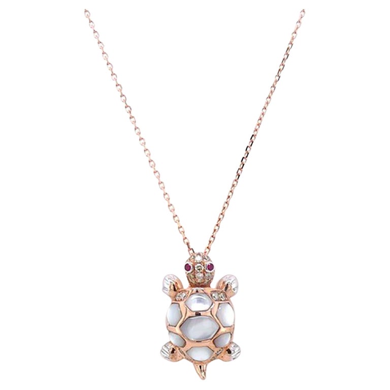 Necklace / Pendant Turtle with Mother of Pearl, Diamonds and Ruby Eyes ...