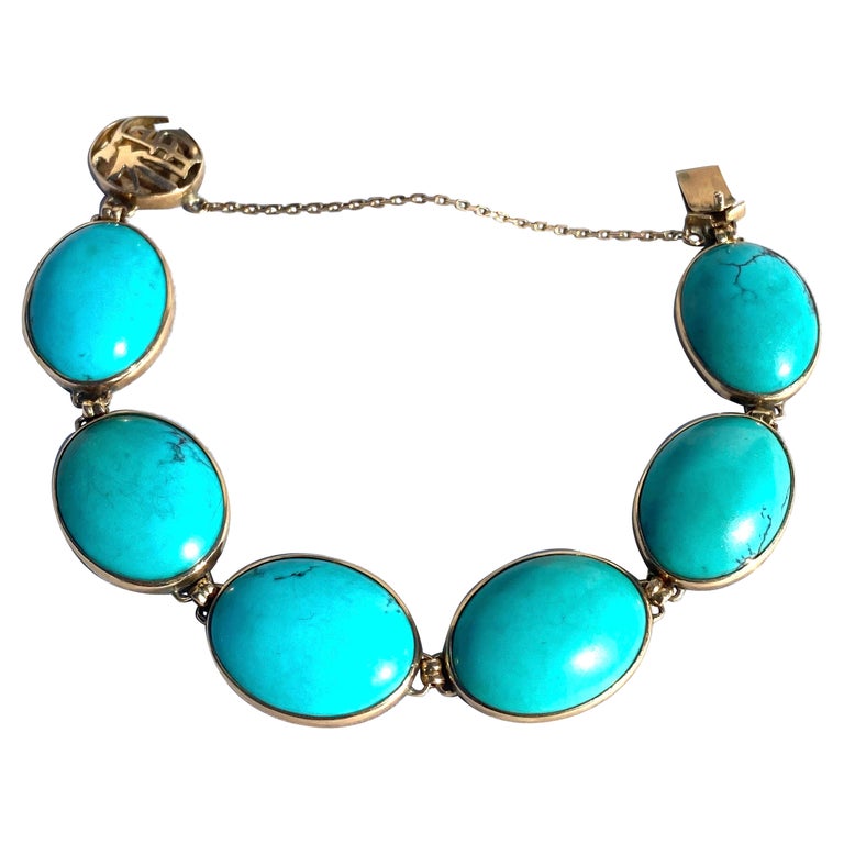 Turquoise Persian Bracelet 14 Karat Yellow Gold For Sale at 1stDibs