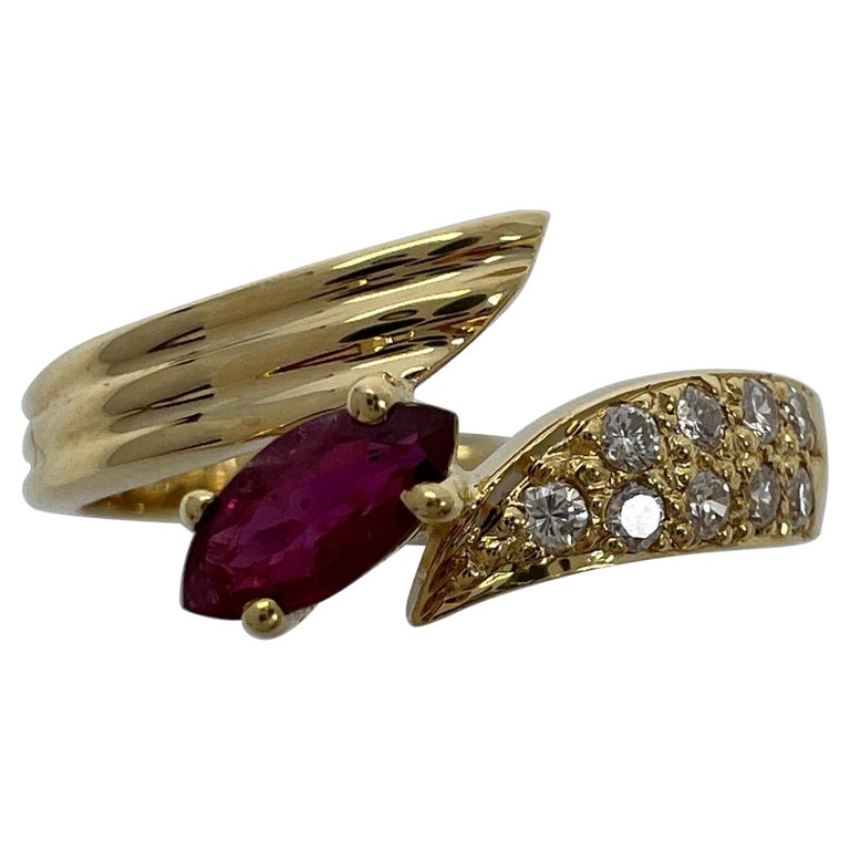 Deep Red Marquise Cut Ruby and Pave Diamond 18k Yellow Gold Cluster ...