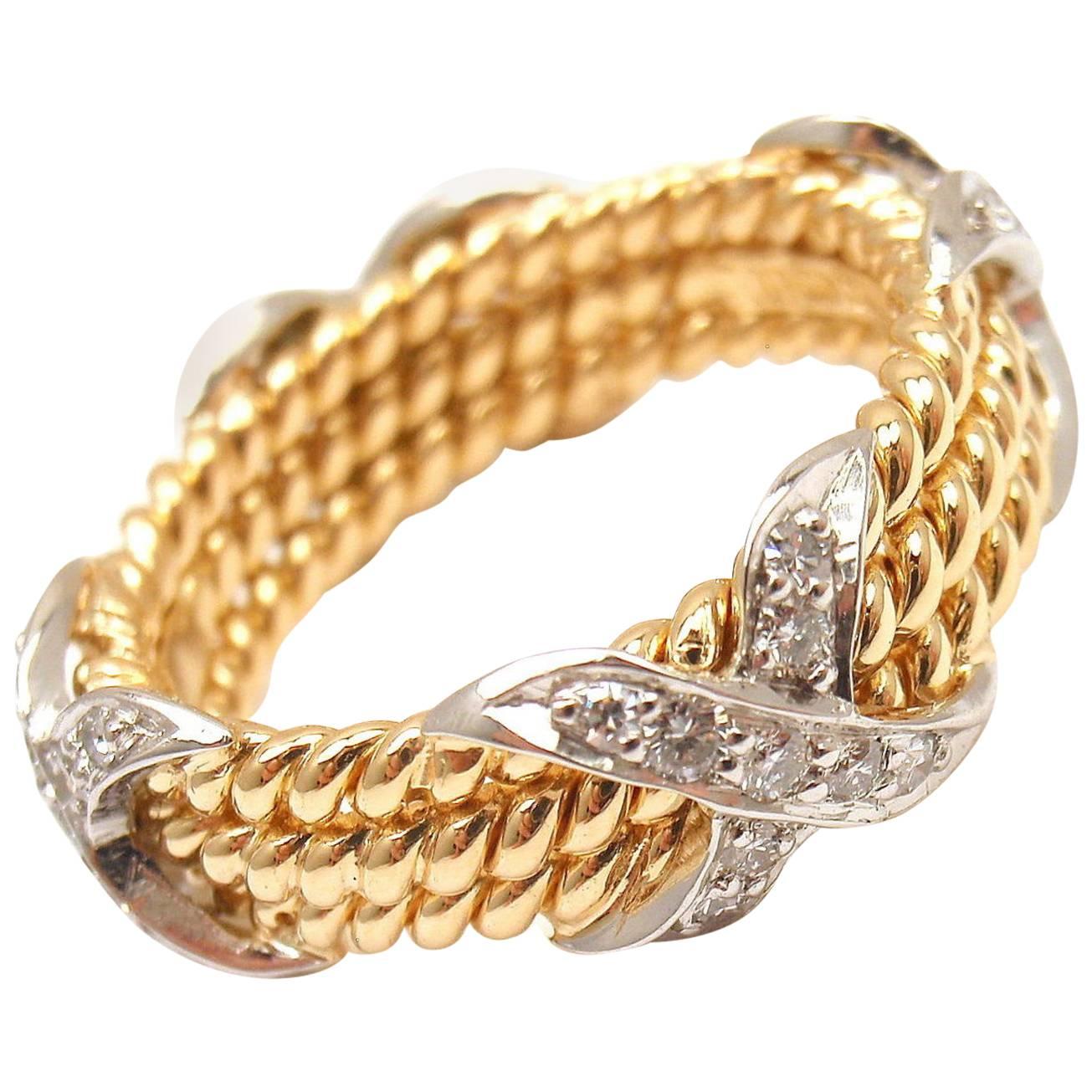 Tiffany and Co. Jean Schlumberger Three Row Diamond Gold Rope Band Ring ...