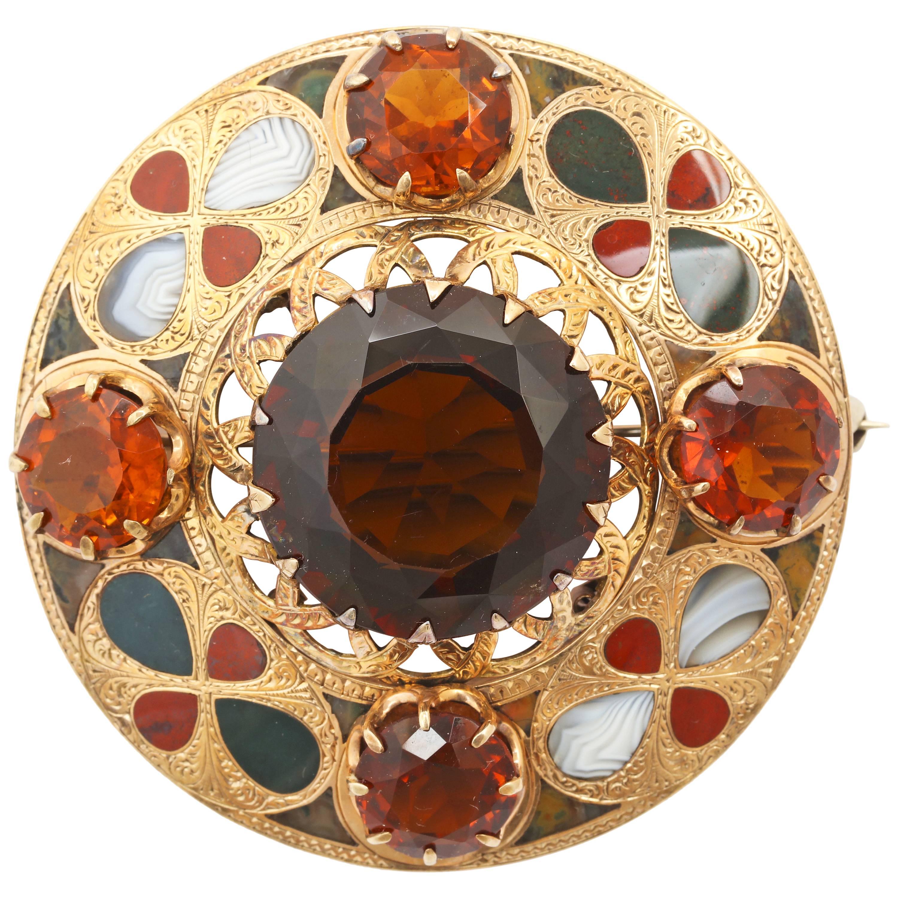 Commanding Gold Victorian Agate and Citrine Scottish Brooch at 1stDibs