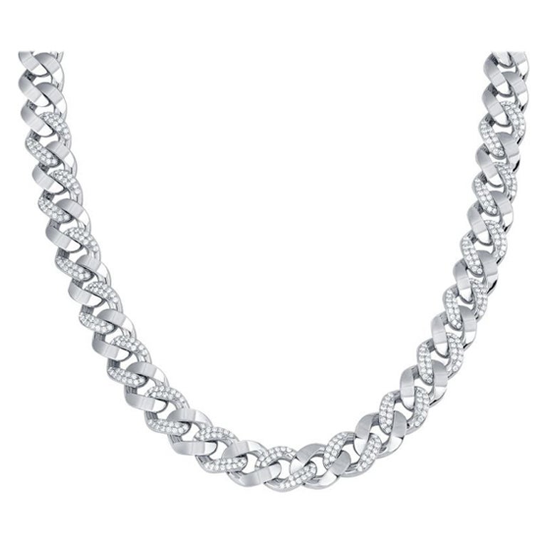 Cuban Chain Diamond Necklace in 18K White Gold For Sale at 1stDibs