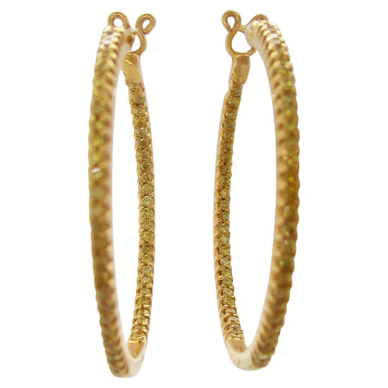 14K Yellow Gold Natural Fancy Yellow Diamond Large Inside Outside Hoop ...