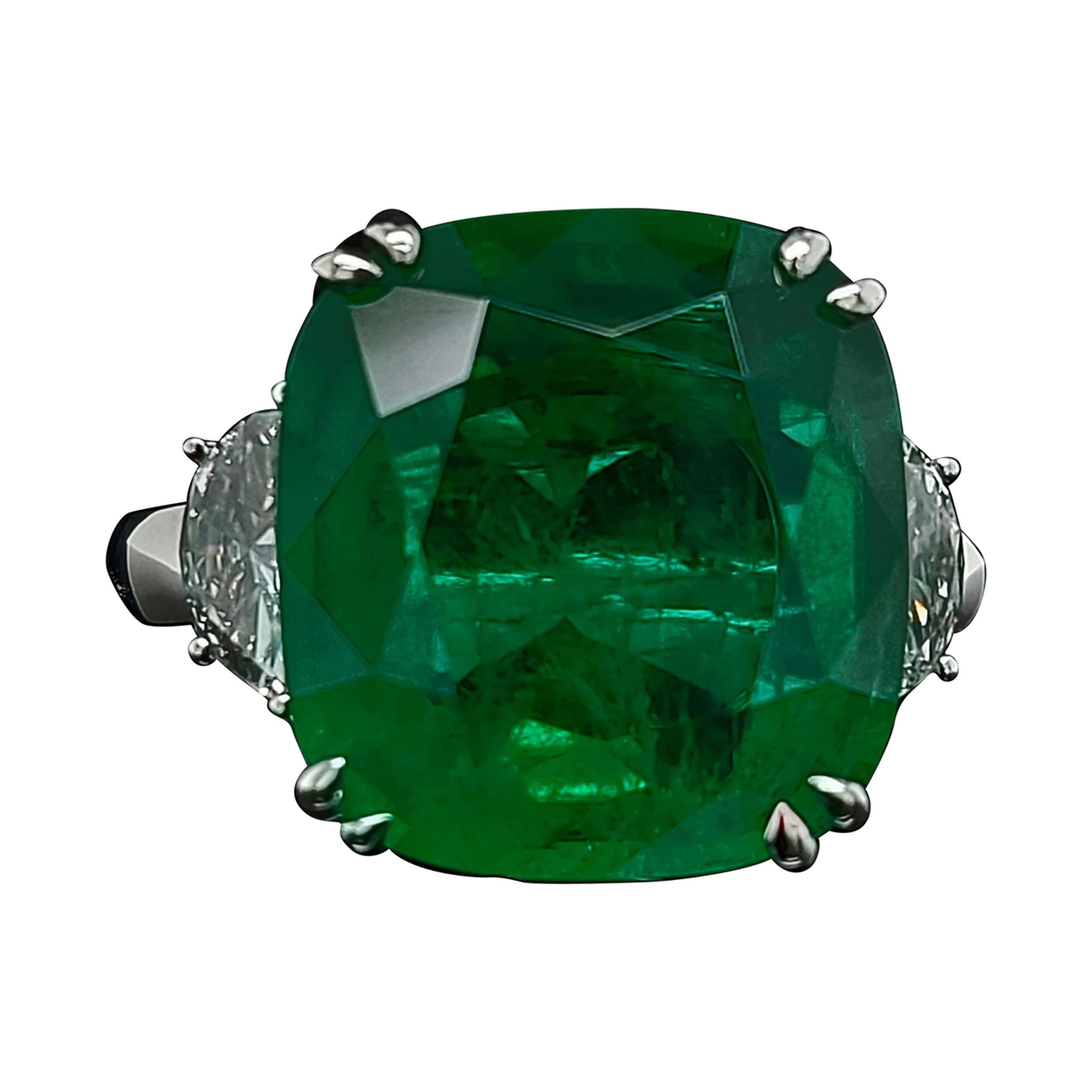 7.13ct Brilliant Oval Cut Emerald and Half Moon Diamond Ring at 1stDibs