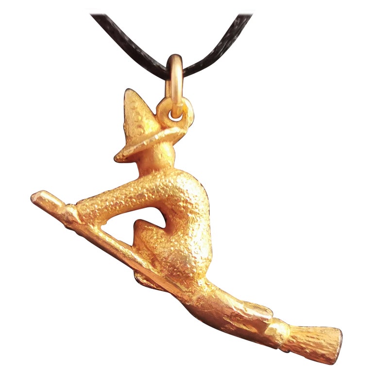 Vintage 9k Yellow Gold Witch on a Broomstick Pendant, Charm at 1stDibs