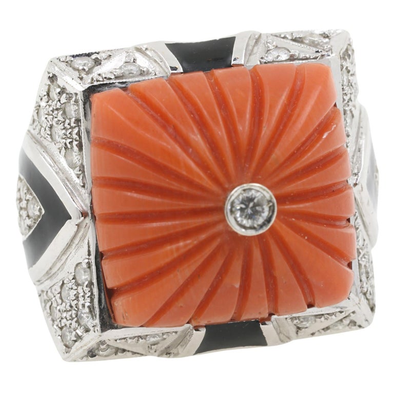 Mediterranean Coral, Black Enamel and Diamonds on 18 Karat Gold ...