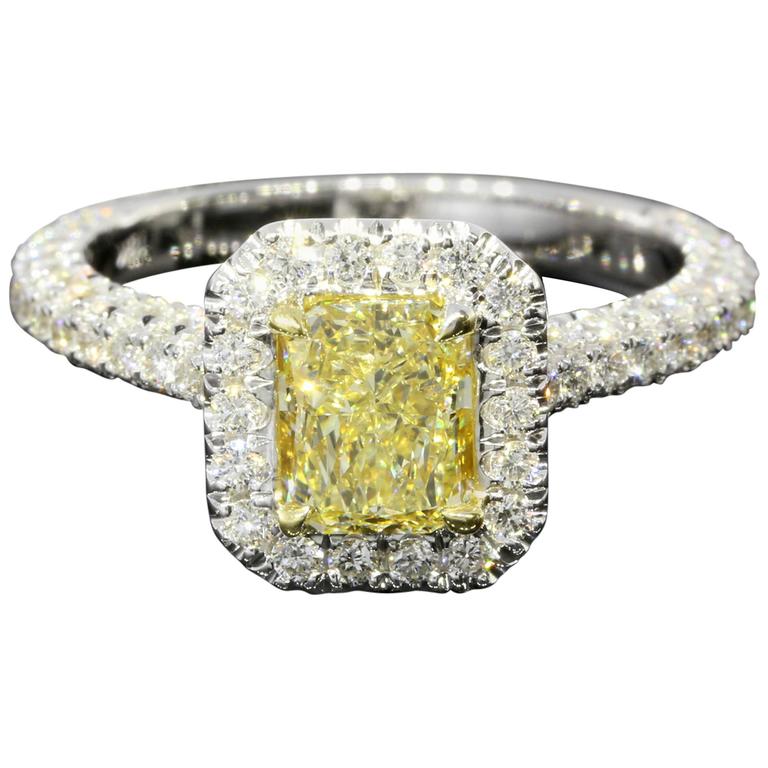 GIA Certified Canary Yellow Radiant Diamond Gold Halo Engagement Ring at 1stdibs
