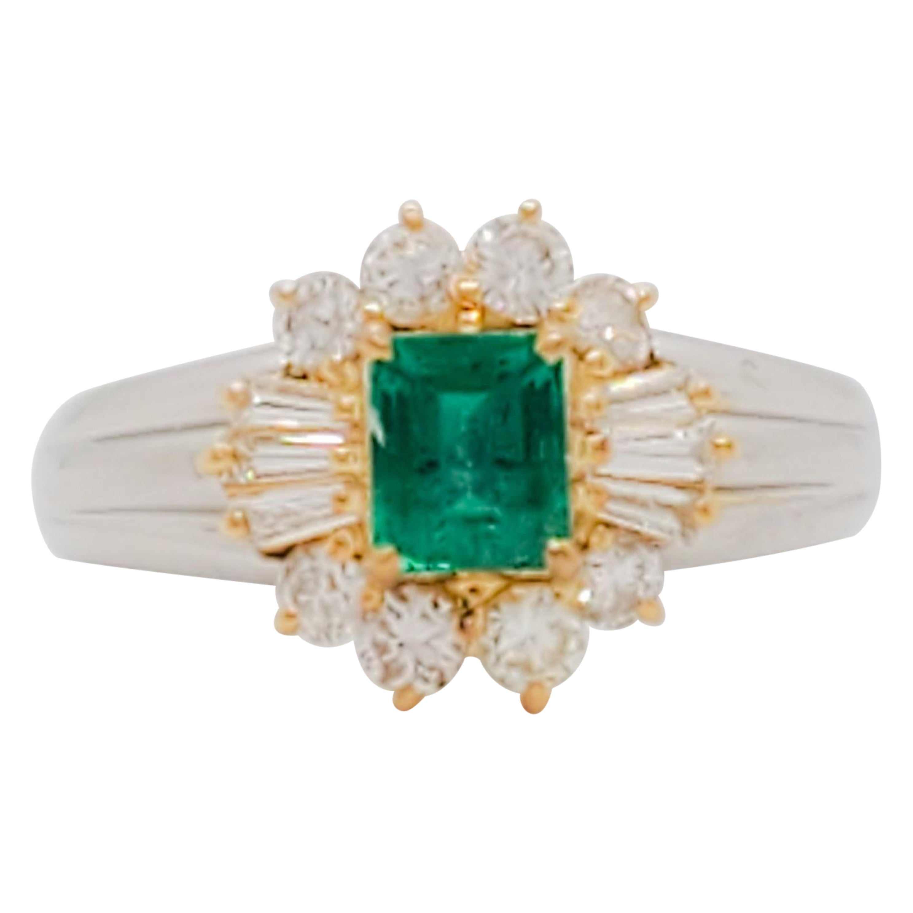 Platinum 18 Karat Yellow Gold Emerald Diamond Cocktail Ring at 1stDibs