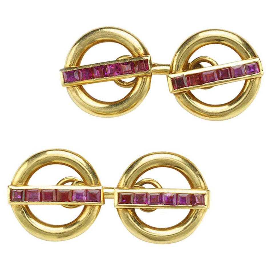 French Ruby and Gold Stirrup Cufflinks For Sale at 1stDibs