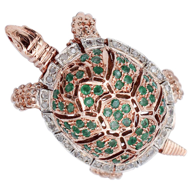 Emeralds, Diamonds, Rose Gold and Silver Turtle Ring For Sale at 1stDibs
