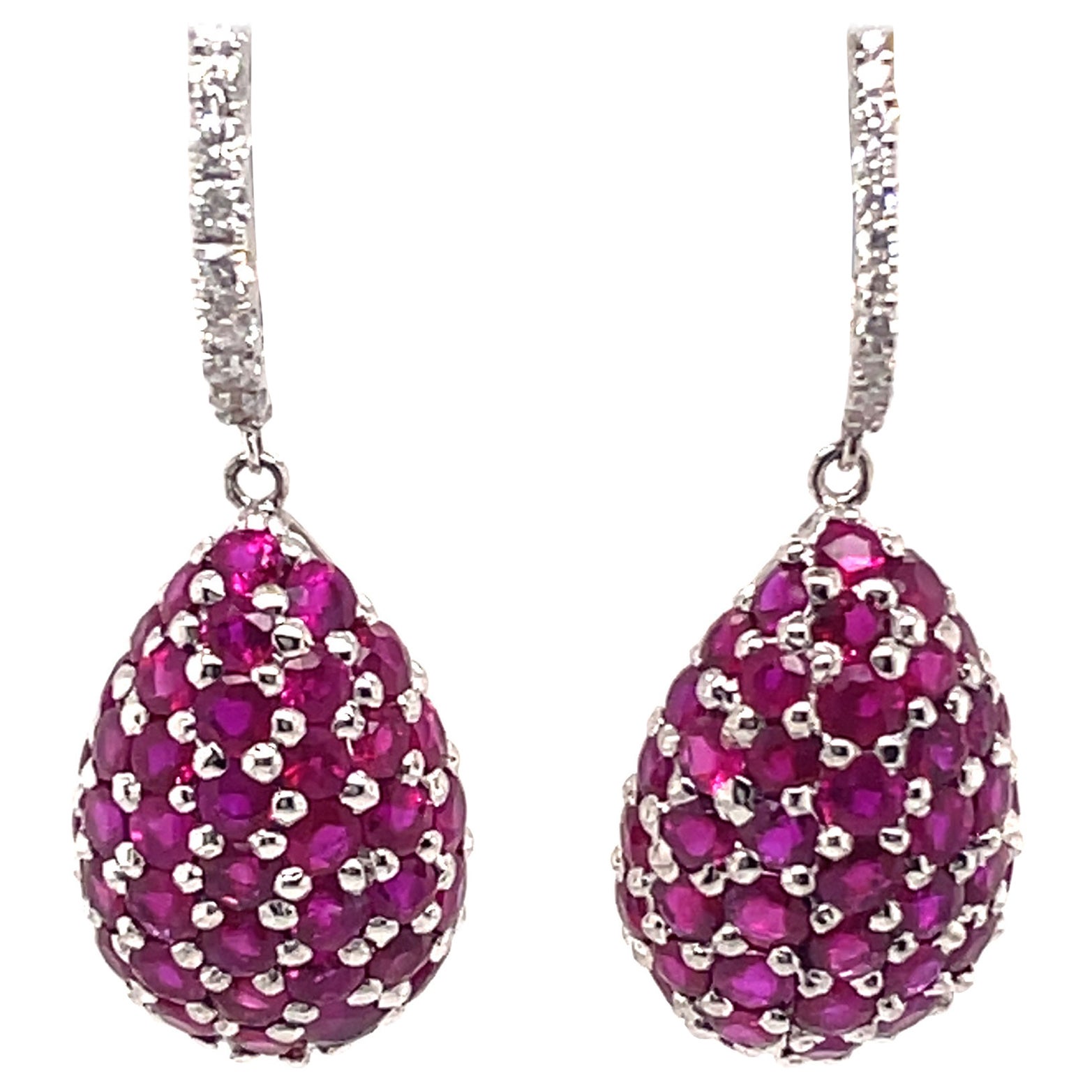 Natural Burmese Ruby White Diamond 18K White Gold Drop Earrings For ...