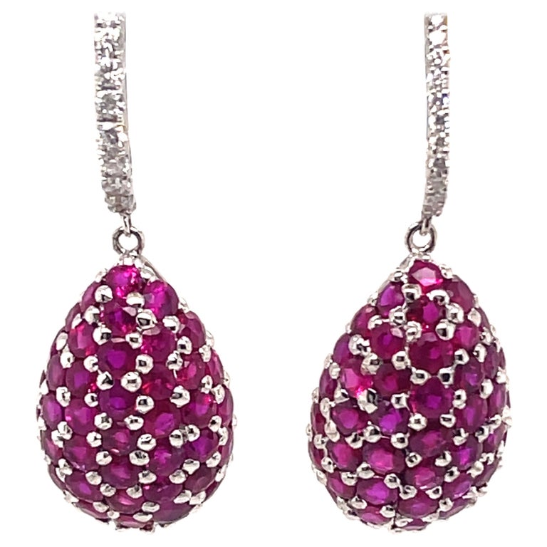 4.18ct Ruby and Diamond Pave Drop Earrings 18k White Gold For Sale at ...