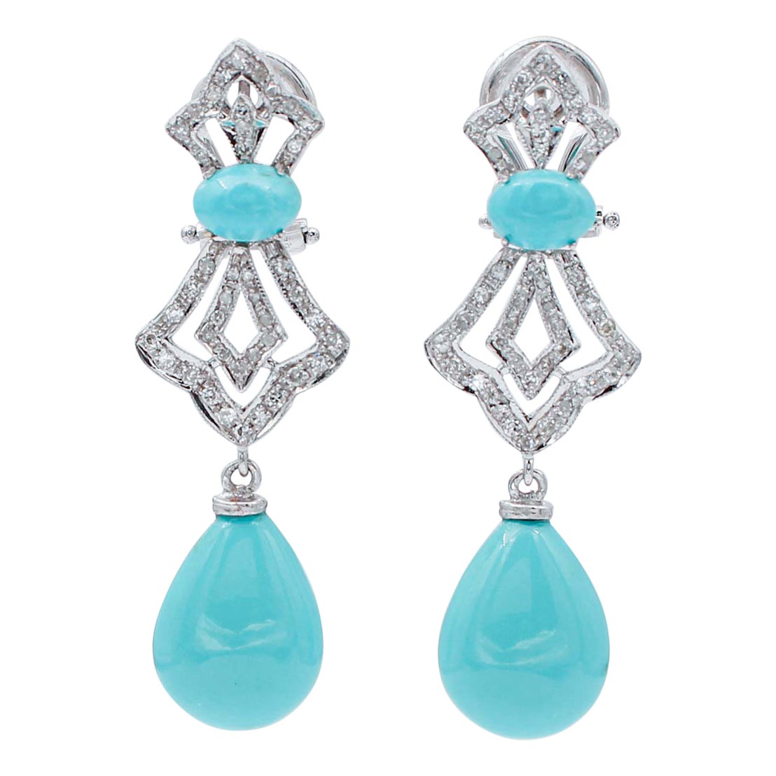 Faceted Turquoise and Diamond Teardrop Dangle Drop White Gold Earrings ...