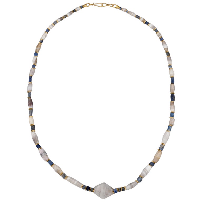 Ancient Chalcedony Barrel Beads, 20k Gold, and Lapis with Rhombus ...