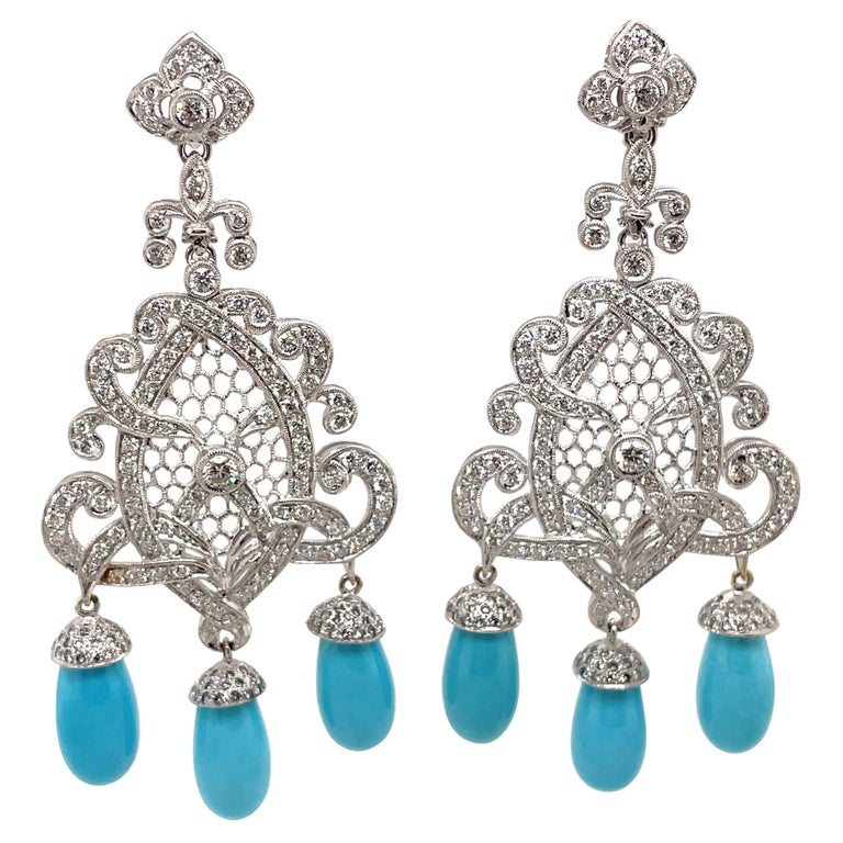 Edwardian Style 4.45ct Diamond and Turquoise Chandelier Earrings 18k ...