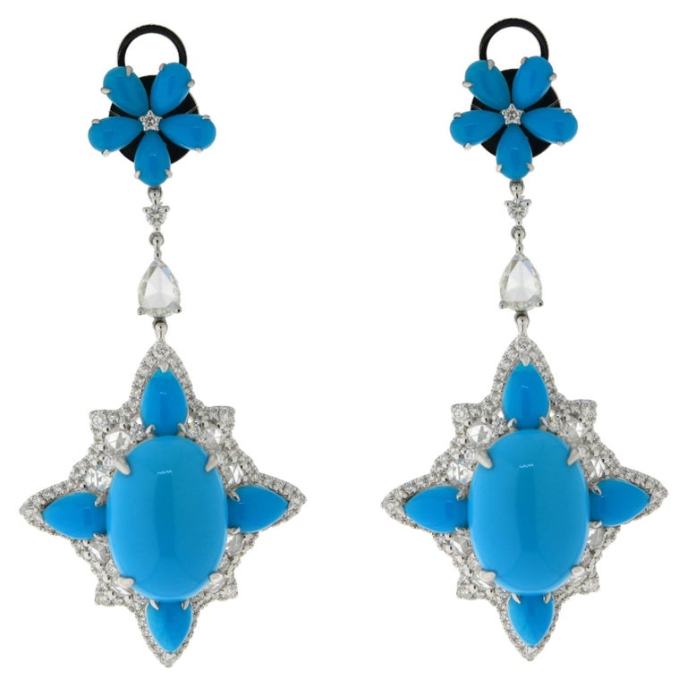 JR Turquoise and Rose Cut 18 Karat White Gold Earring For Sale at 1stDibs