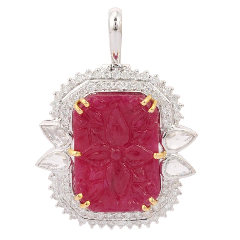18K White Gold Cushion Cut Ruby Pendant with Diamonds at 1stDibs