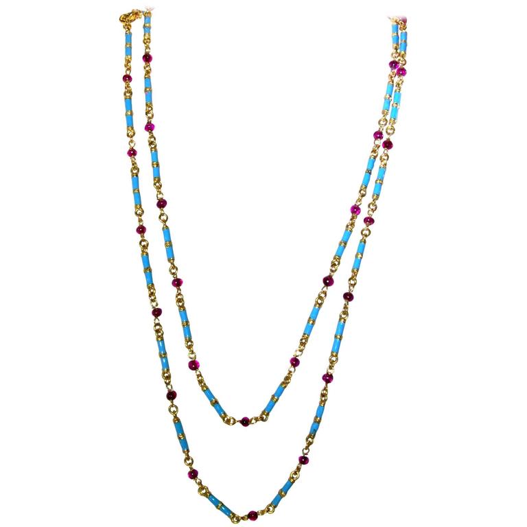 Blue Enamel Ruby Gold Long Chain Necklace For Sale at 1stDibs
