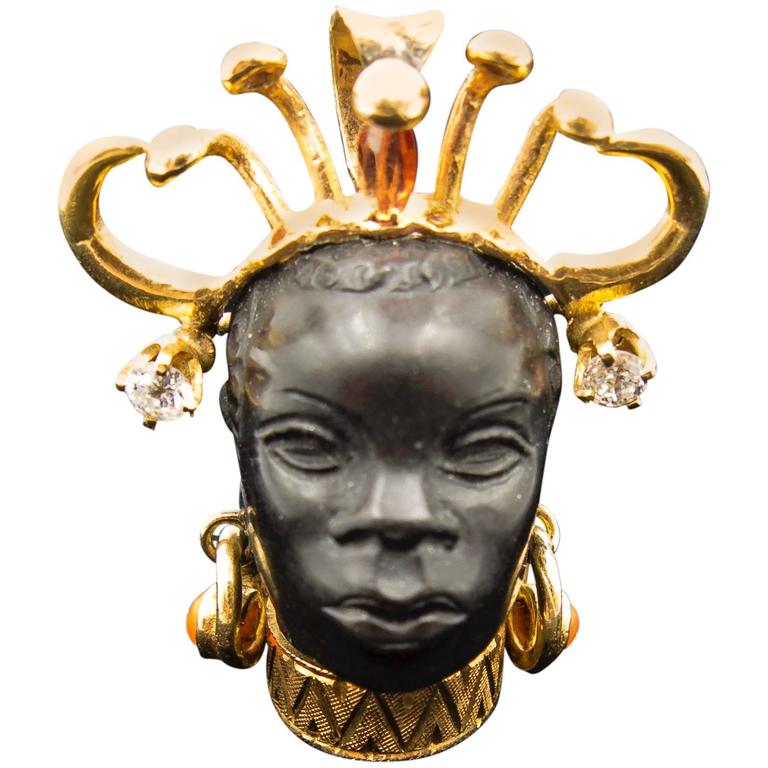 Elegant Black Agate Coral Diamond Gold Mount Nubian Head Pendant at 1stDibs