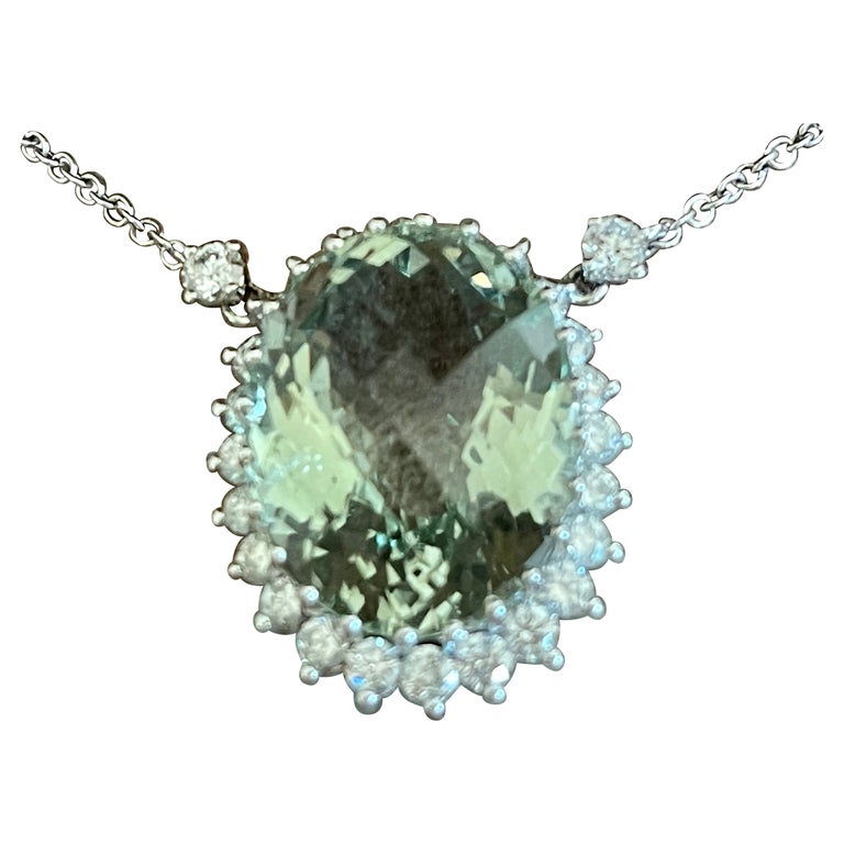 18 K White Gold Chain with Pendant Mint Green Beryl Diamond Surround ...
