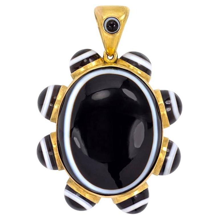 Antique Banded Agate Gold Pendant with Locket Back at 1stDibs