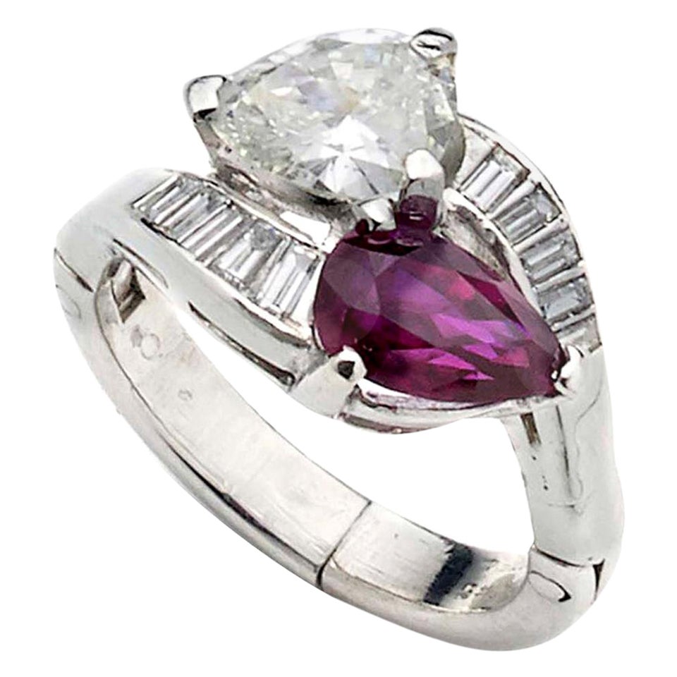 Vintage Ruby Sapphire Diamond Crossover Bypass Platinum Engagement Ring ...