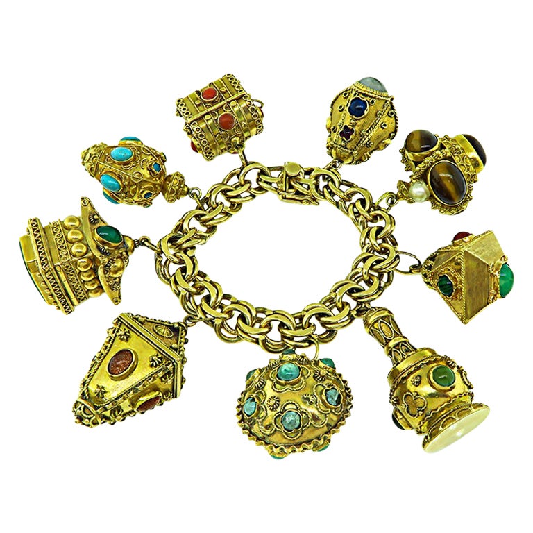 Gem Set Gold Totem Charm Bracelet For Sale at 1stDibs