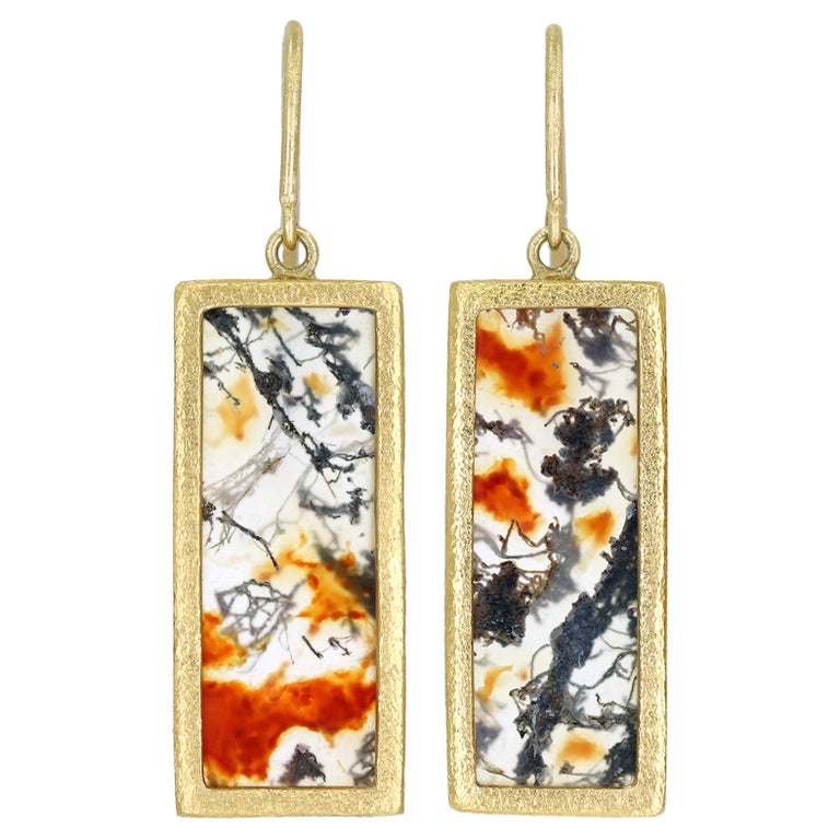 Devta Doolan One of a Kind Rectangular Moss Agate Dangle Drop Earrings For Sale at 1stDibs
