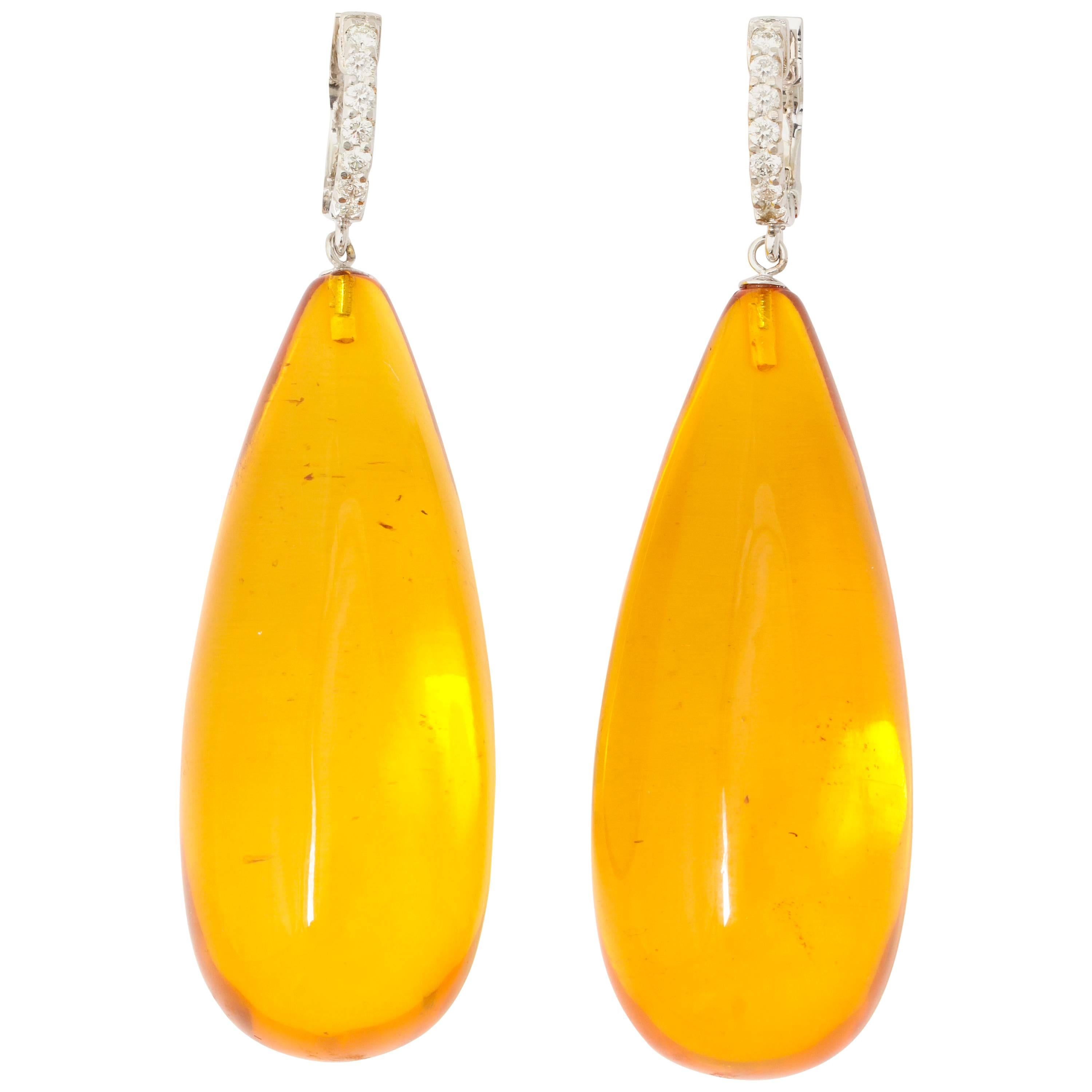 Long Amber Diamond Gold Drop Earrings at 1stDibs