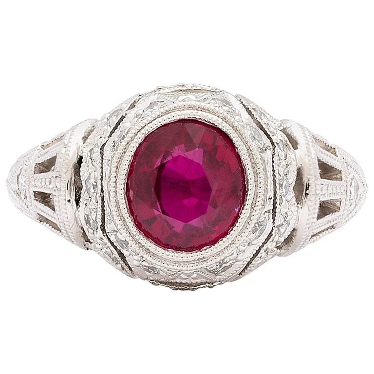 2.00 Carat Ruby Diamond Filigree Platinum Ring at 1stDibs