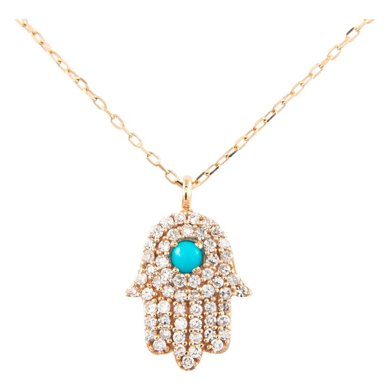 Diamond and Turquoise 18k Rose Gold Hamsa Pendant Necklace at 1stDibs