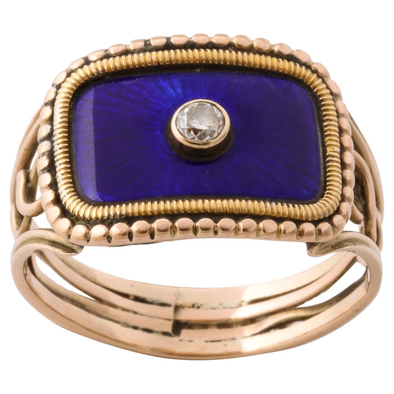 Georgian Gold Guilloche Enamel Old Mine Diamond Ring For Sale at 1stDibs