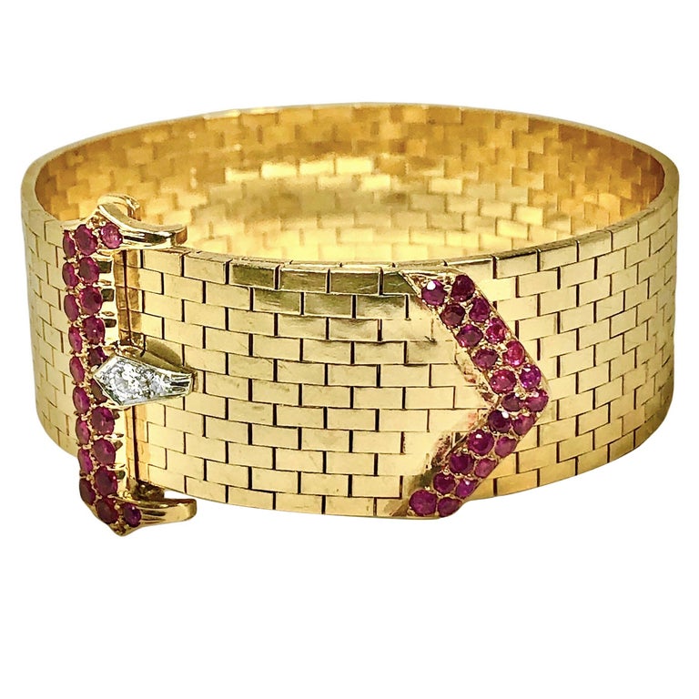 Iconic 14k Gold American Brick Link Buckle Bracelet with Rubies and ...