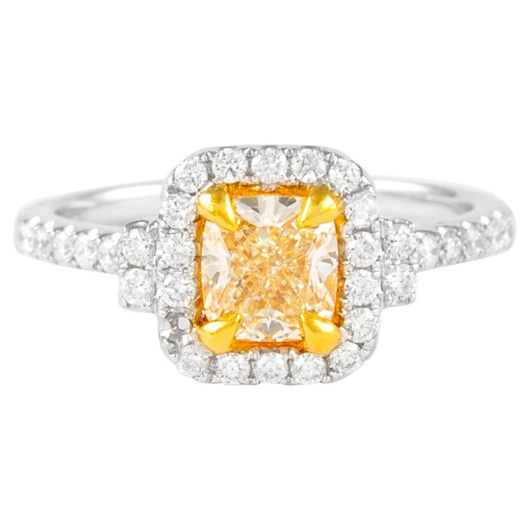 Alexander 1.39ctt Fancy Yellow VS1 Cushion Diamond with Halo Ring 18k ...