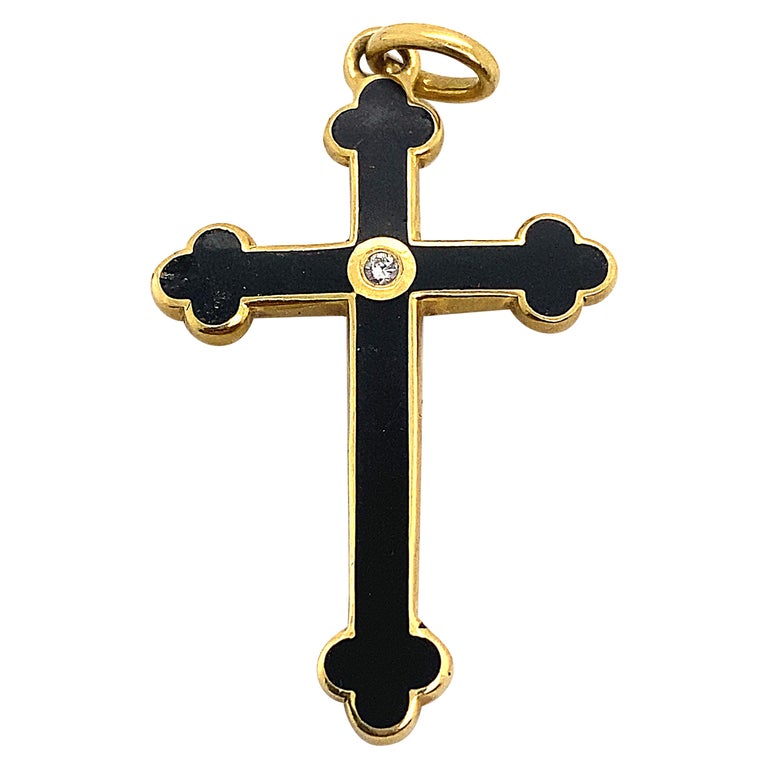 Vintage Fabergé Cross Pendant 18 Karat Yellow Gold Diamond Onyx at 1stDibs
