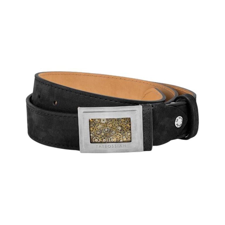 Large Gear Buckle Belt in Black Leather and Brushed Titanium Clasp ...