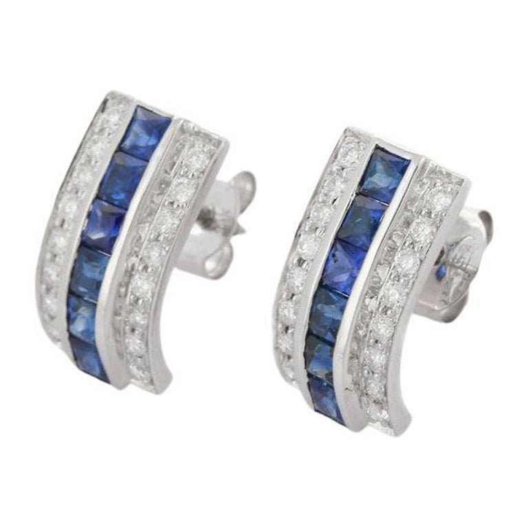18K White Gold Sapphire Diamond Studs For Sale at 1stDibs