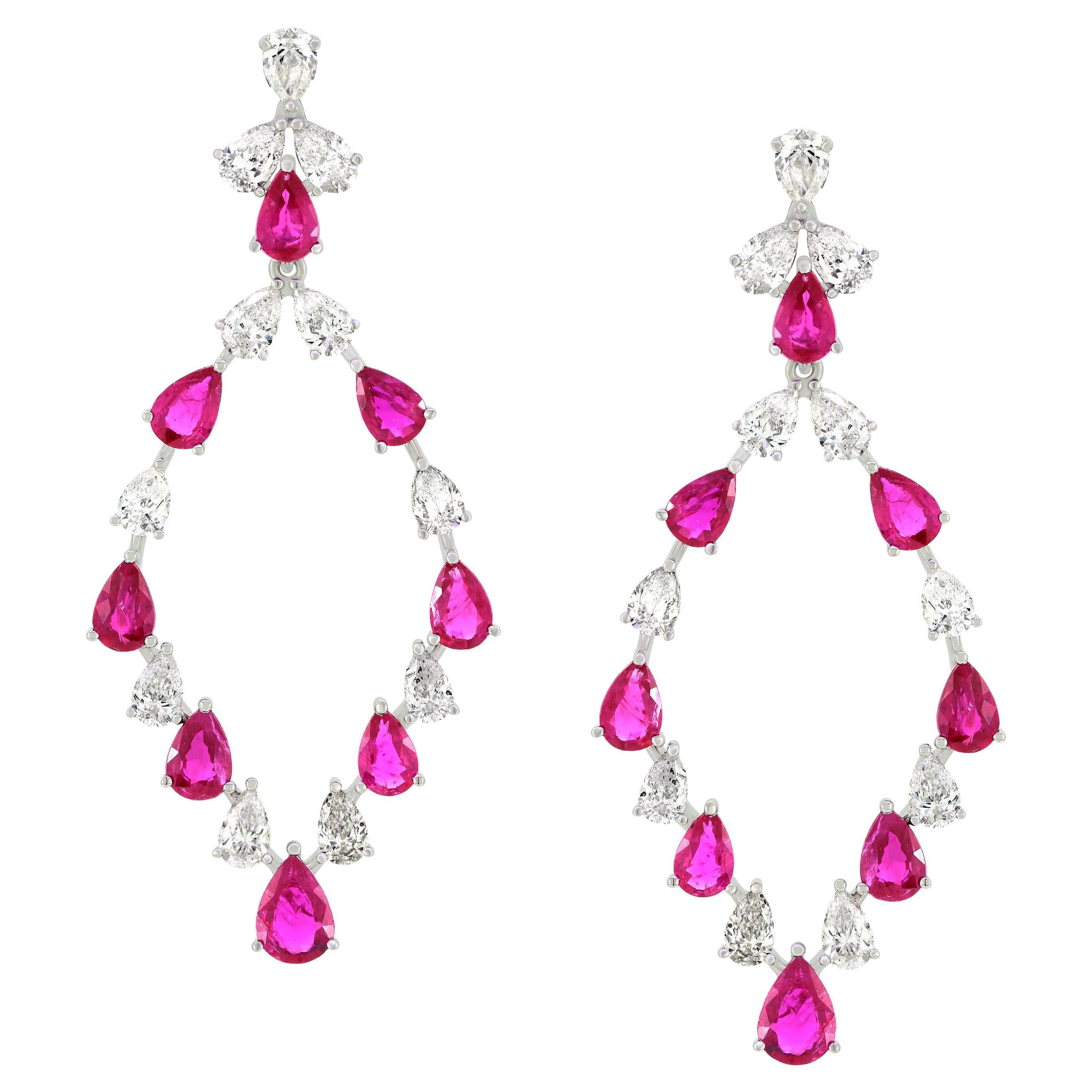 Ten Pear Shape Dangle Ruby and Diamond White Gold Double Circle Hoop ...