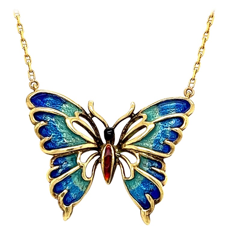 Retro Enamel Butterfly Pendant Necklace 14k Yellow Gold at 1stDibs