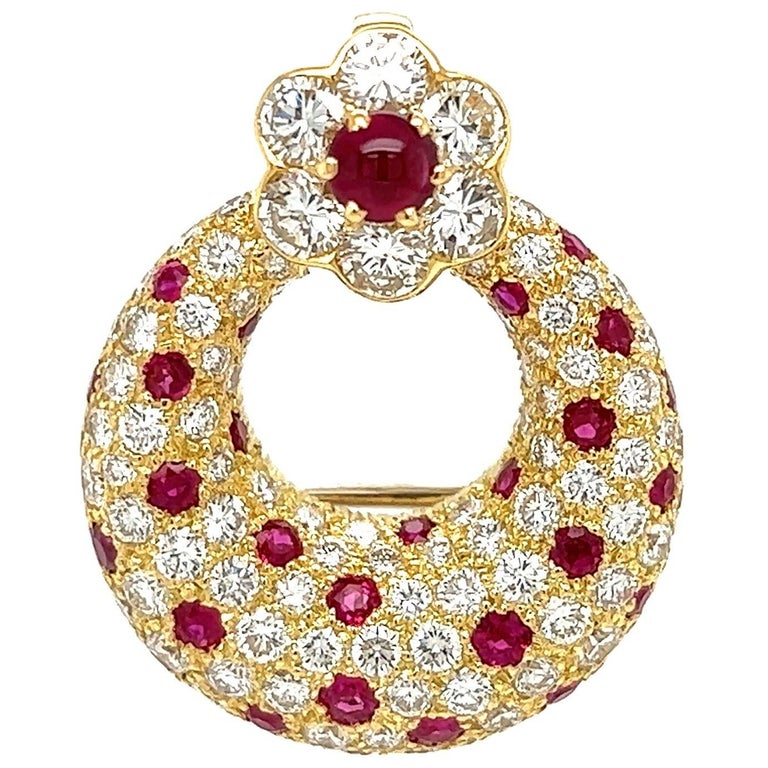 Diamond and Ruby Open Circle Gold Brooch Pin Pendant Estate Fine ...