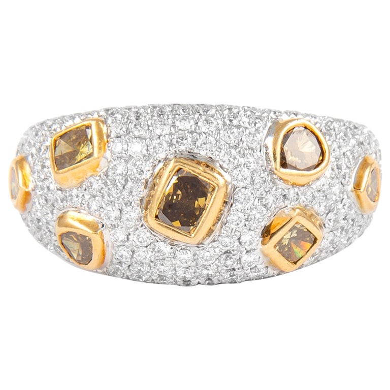 Alexander 2.68ct Fancy Dark Green Brown Multi Diamonds Ring 18k Two Tone For Sale at 1stDibs
