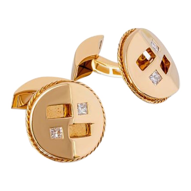 Round Cable Cufflink in 18k Yellow Gold with Diamonds For Sale at 1stDibs