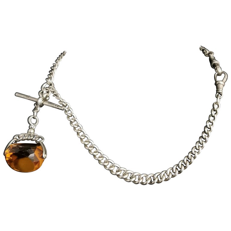Antique Sterling Silver Albert Chain, Watch Chain, Citrine Spinning Fob ...