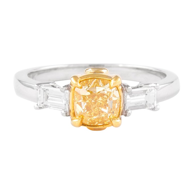Alexander GIA Certified 1ct Fancy Intense Yellow Diamond Three Stone Ring 18k For Sale at 1stDibs