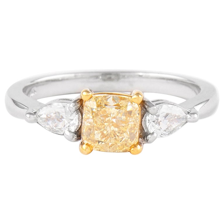 Alexander GIA Certified 1.01ct Fancy Yellow Diamond Three Stone Ring 18k For Sale at 1stDibs
