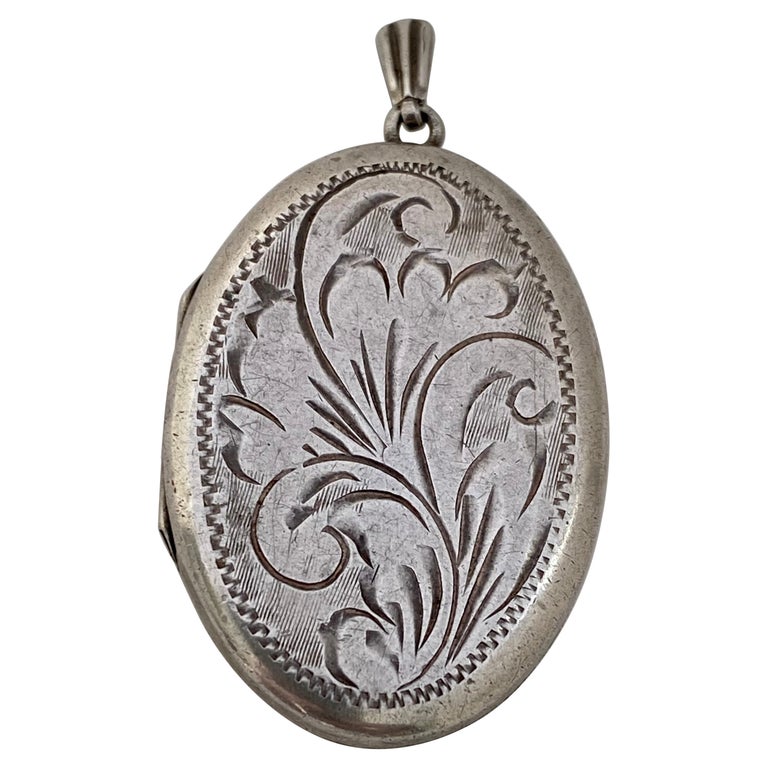 Antique Silver Engraved Oval Locket Pendant at 1stDibs