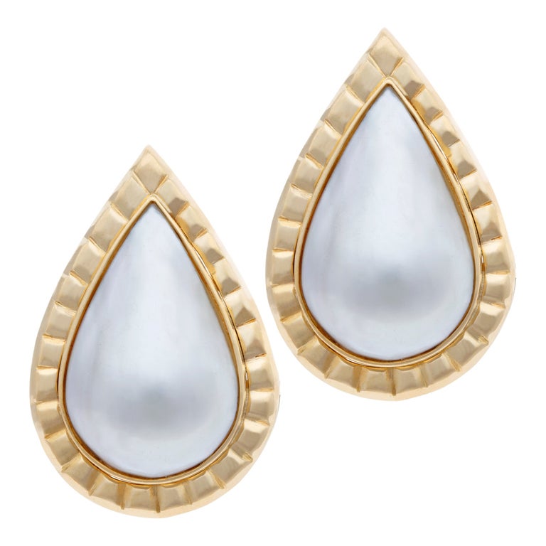 Mobe Pear Shape Pearl Earrings Framed in Ribbed 18k Gold with Omega For ...