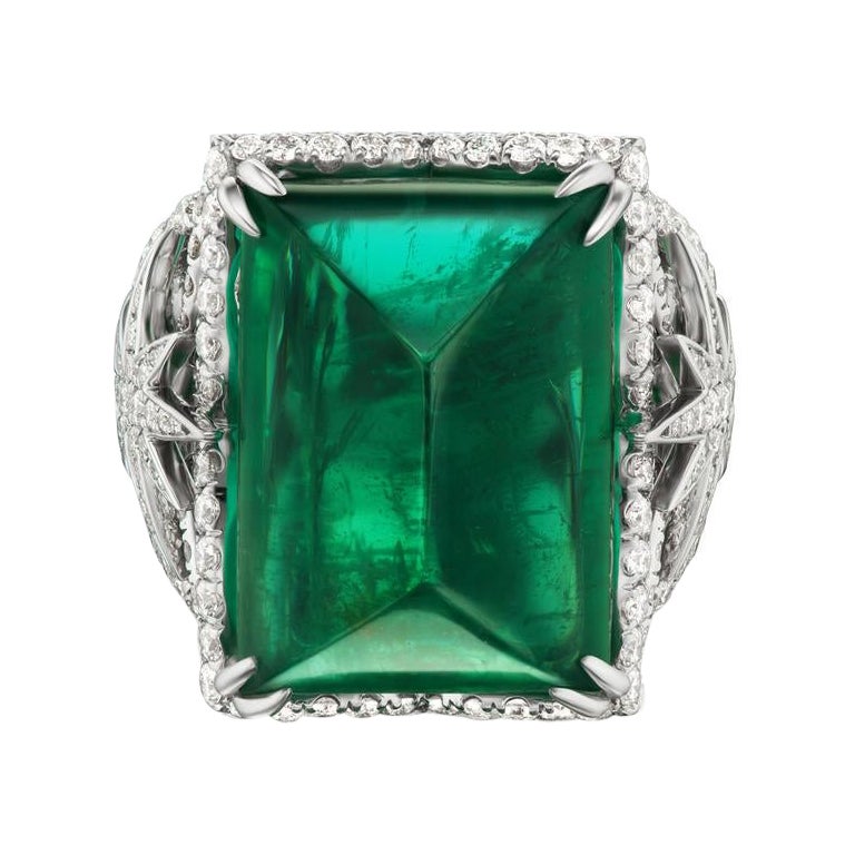 Sugarloaf Cabochon Emerald and Diamond Ring at 1stDibs